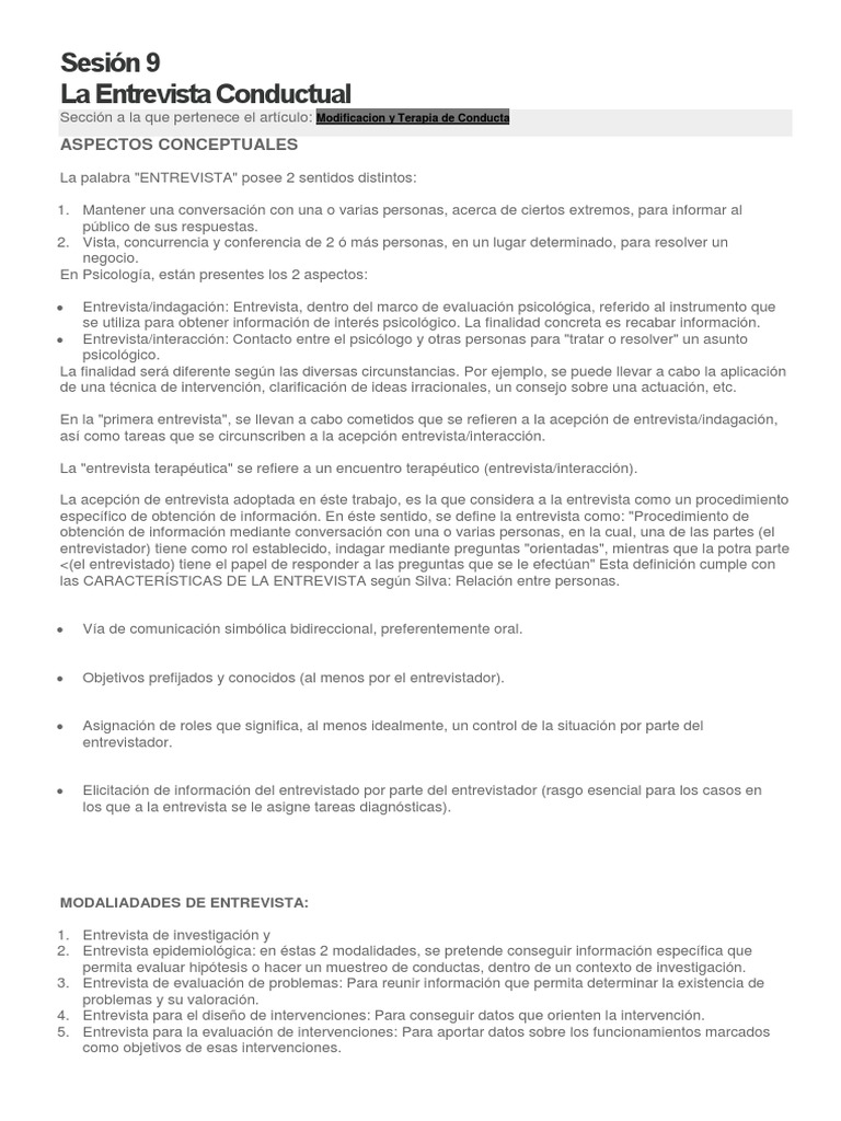Guía de Entrevista Conductual en Psicología | PDF | Comportamiento ...