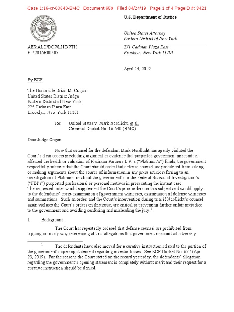 DOJ Letter to Judge Re Nordlicht Accusing FBI of Media Leaks 4.24.19 ...