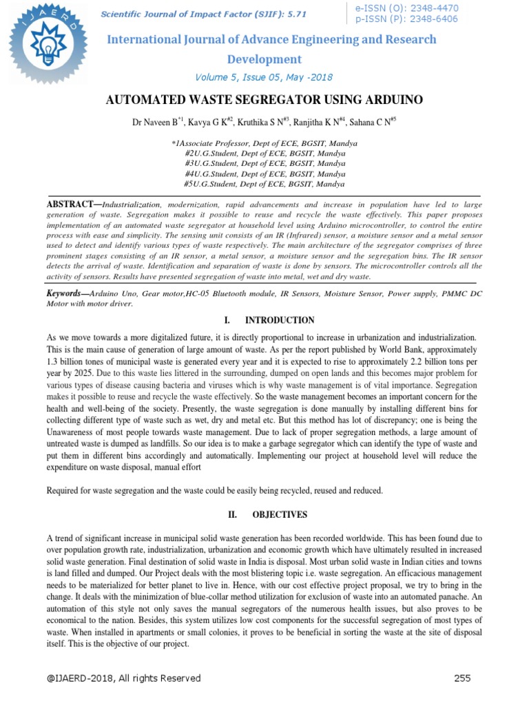 Automated Waste Segregator Using Arduino-Ijaerdv05i0542857 | PDF | Bluetooth | Electric Motor