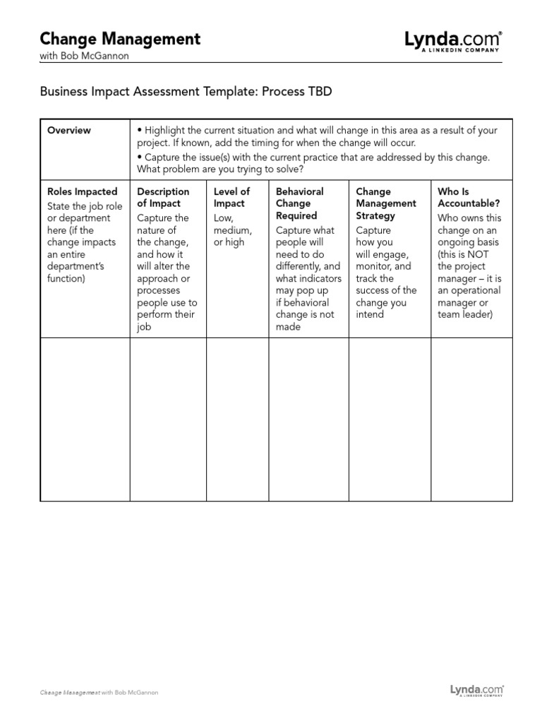 Change Management: Business Impact Assessment Template: Process TBD | PDF