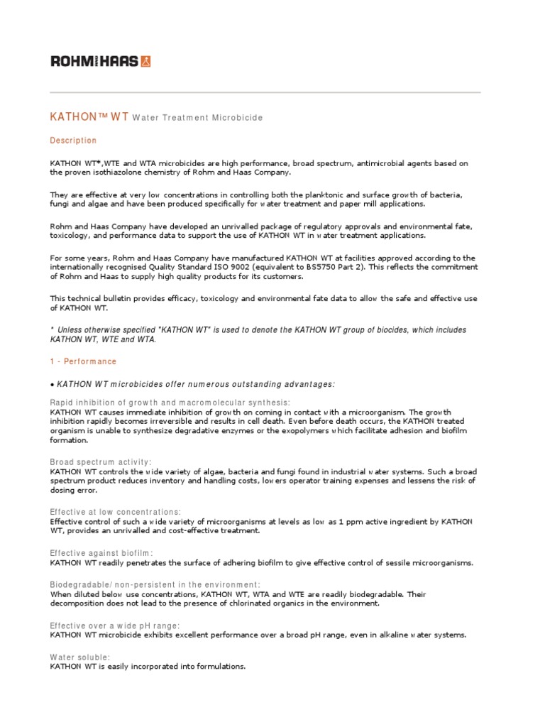 Kathon™ WT: Water Treatment Microbicide | PDF | Biofilm | Sewage Treatment