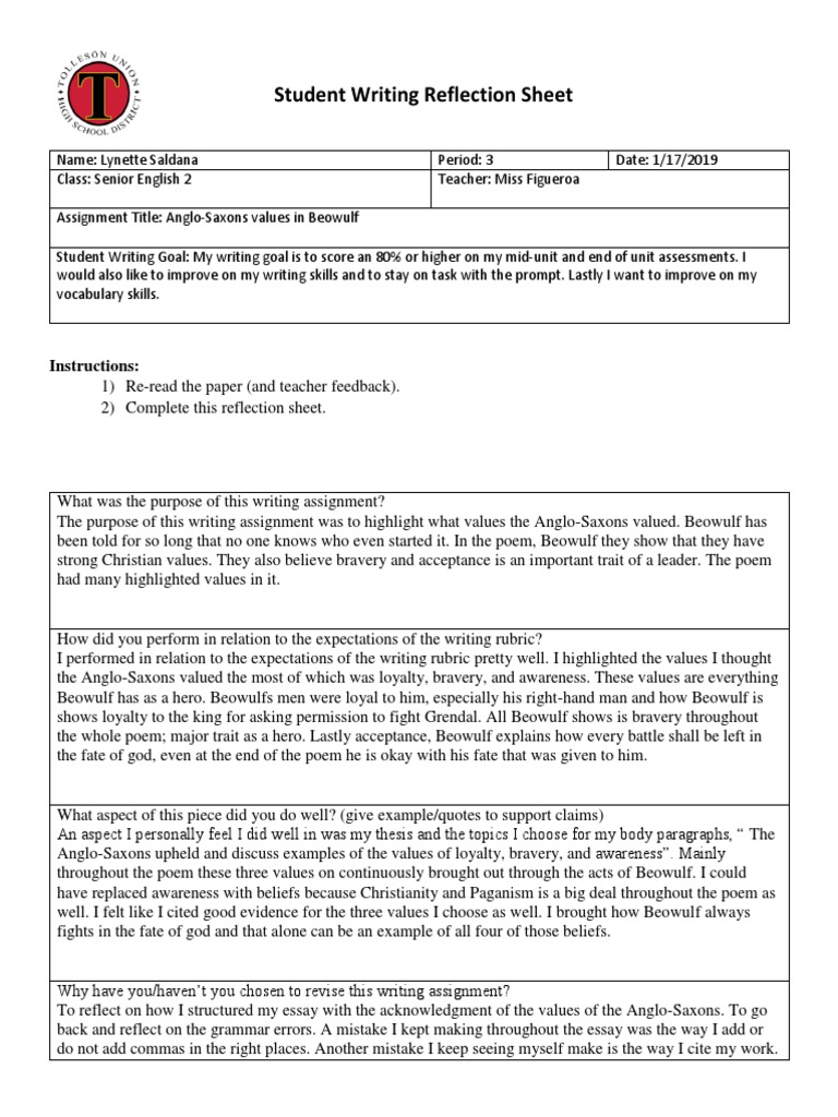 q2 Mid Unit Beowulf Values Reflection | PDF | Beowulf | Rubric (Academic)