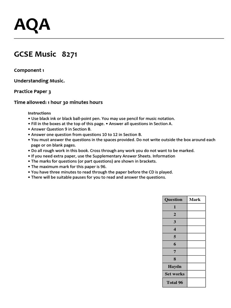 AQA GCSE Music Practice Paper 3 | PDF | Musical Techniques | Performing ...