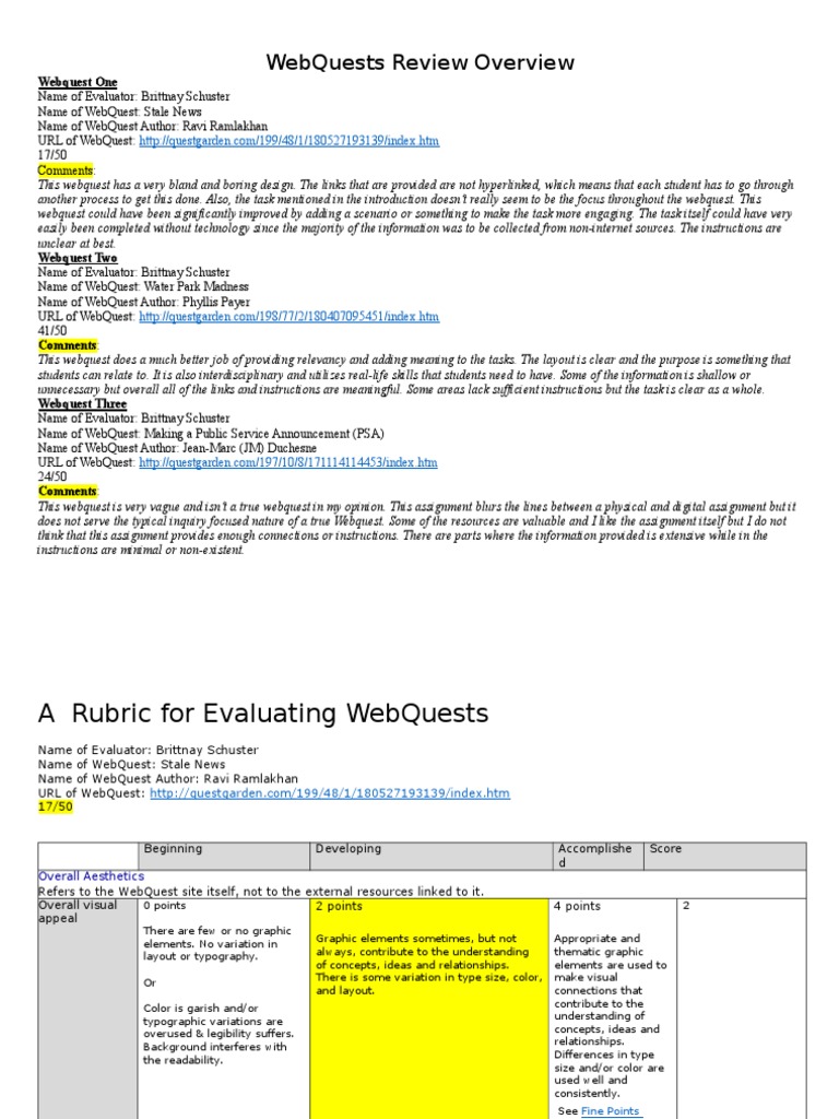 Webquests Review Overview: Webquest One | PDF | Typography | Reading Comprehension