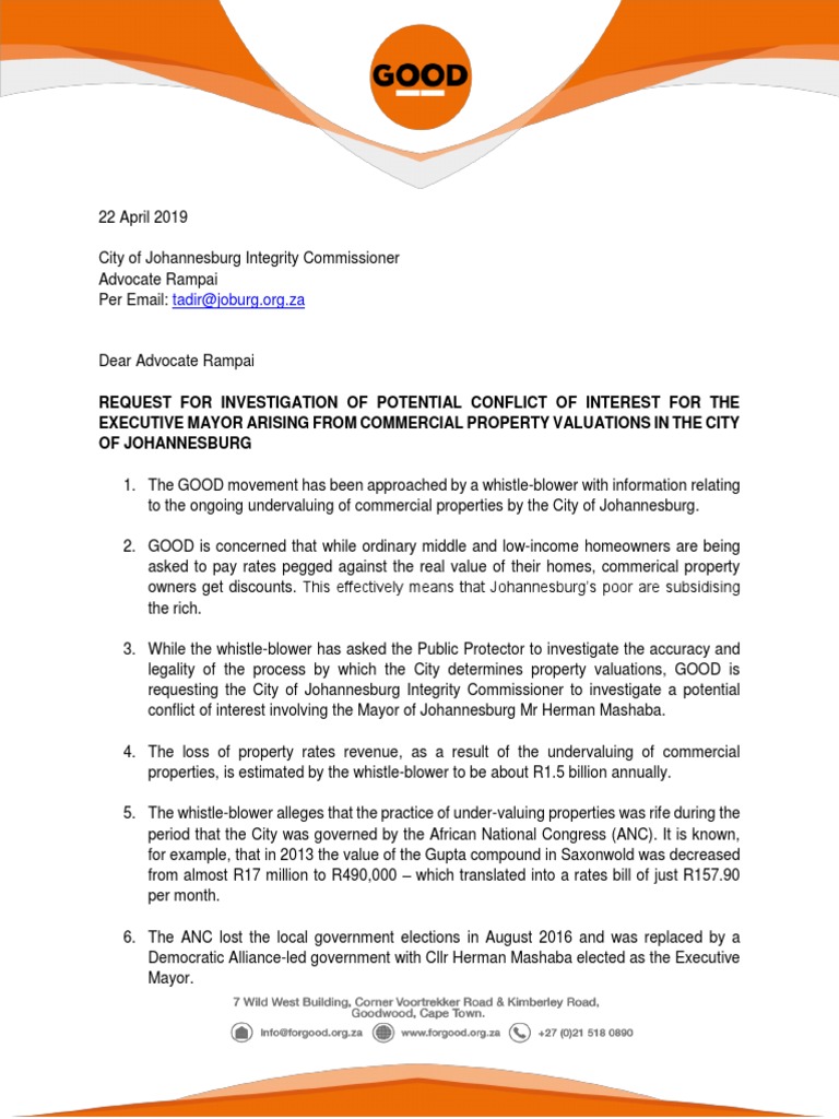 Letter To CoJ Integrity Commissioner (GOOD) Commercial Property Rates ...