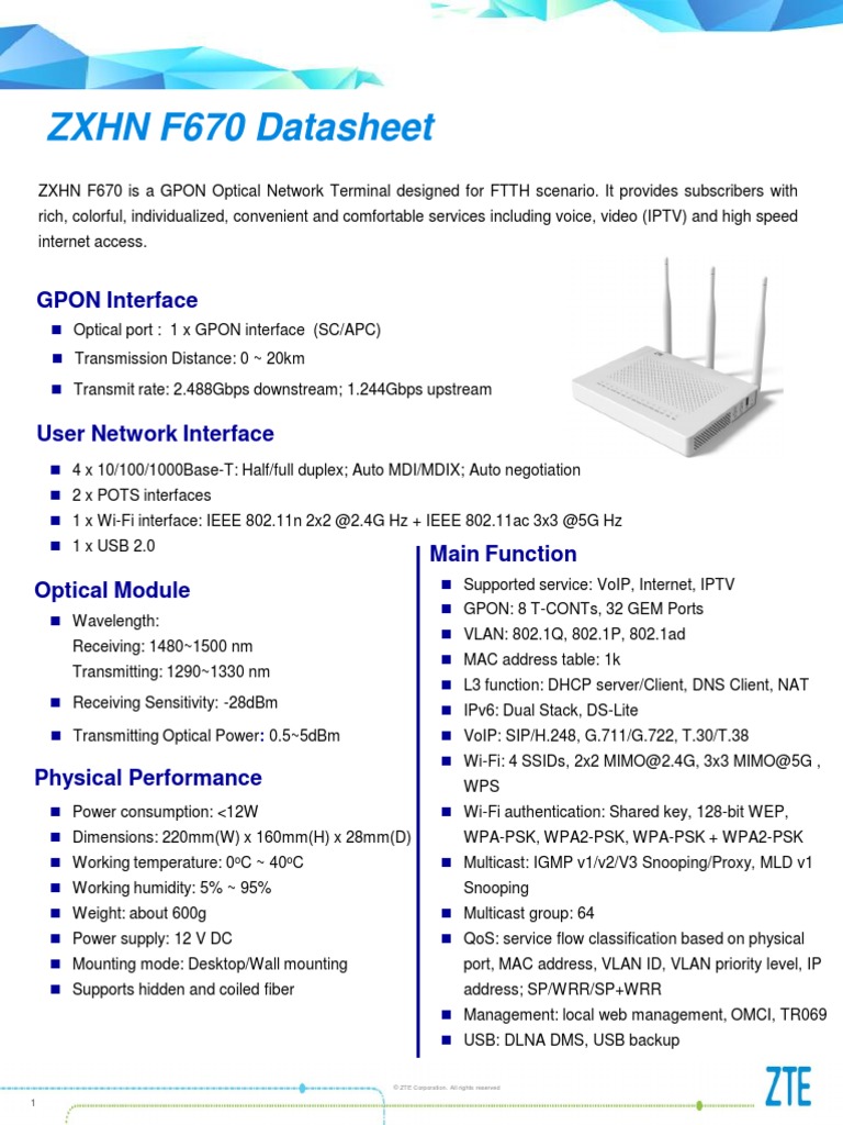 ZXHN F670 PON ONT Datasheet PDF | PDF | Voice Over Ip | Wi Fi