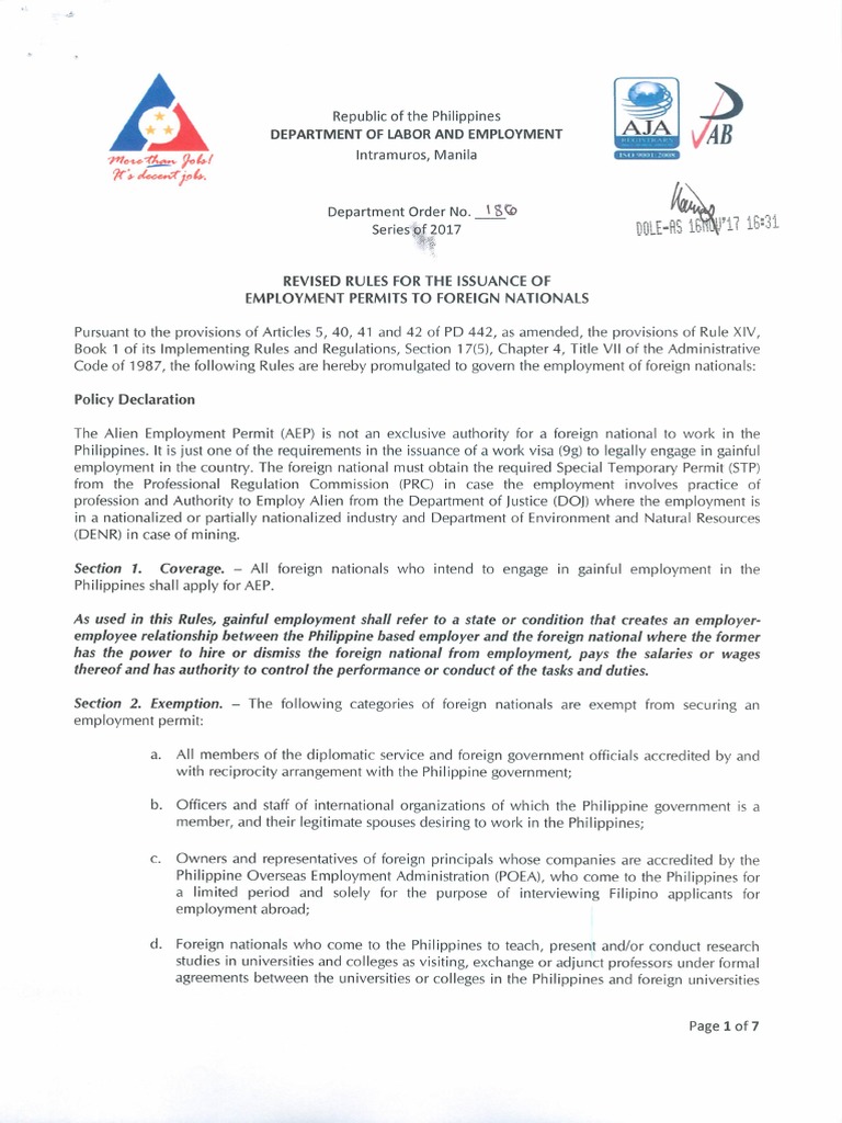 DO 186-17 Revised Rules For The Issuance of Employment Permits To ...