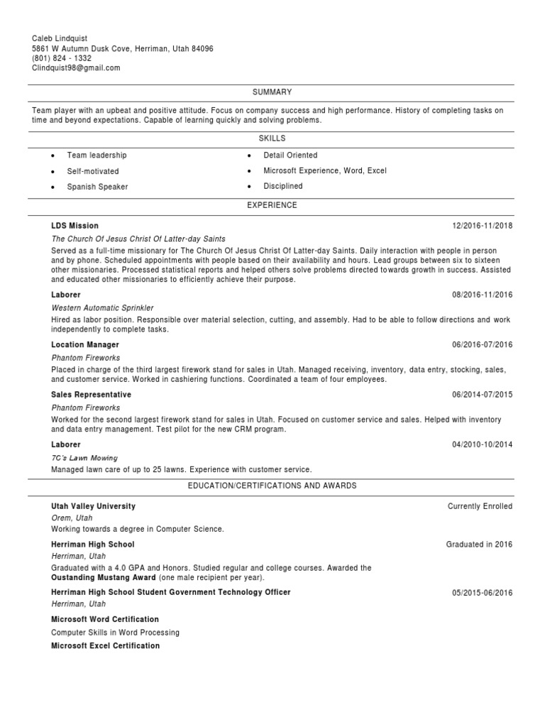 Caleb Resume | PDF | Missionary (Lds Church) | Utah