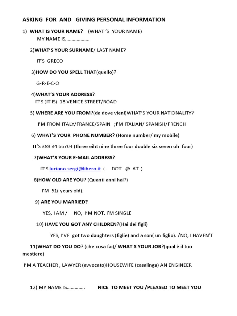 Asking For and Giving Personal Information | PDF