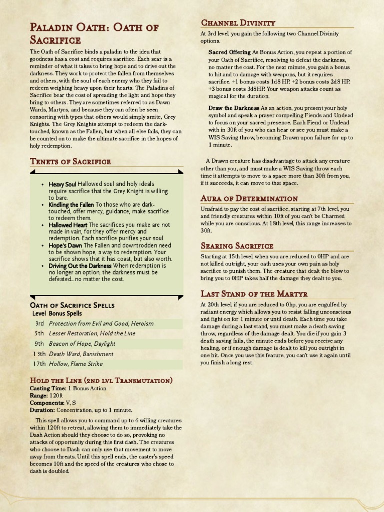 5E D&D Class - Paladin Oath of Sacrifice | PDF | Sacrifice