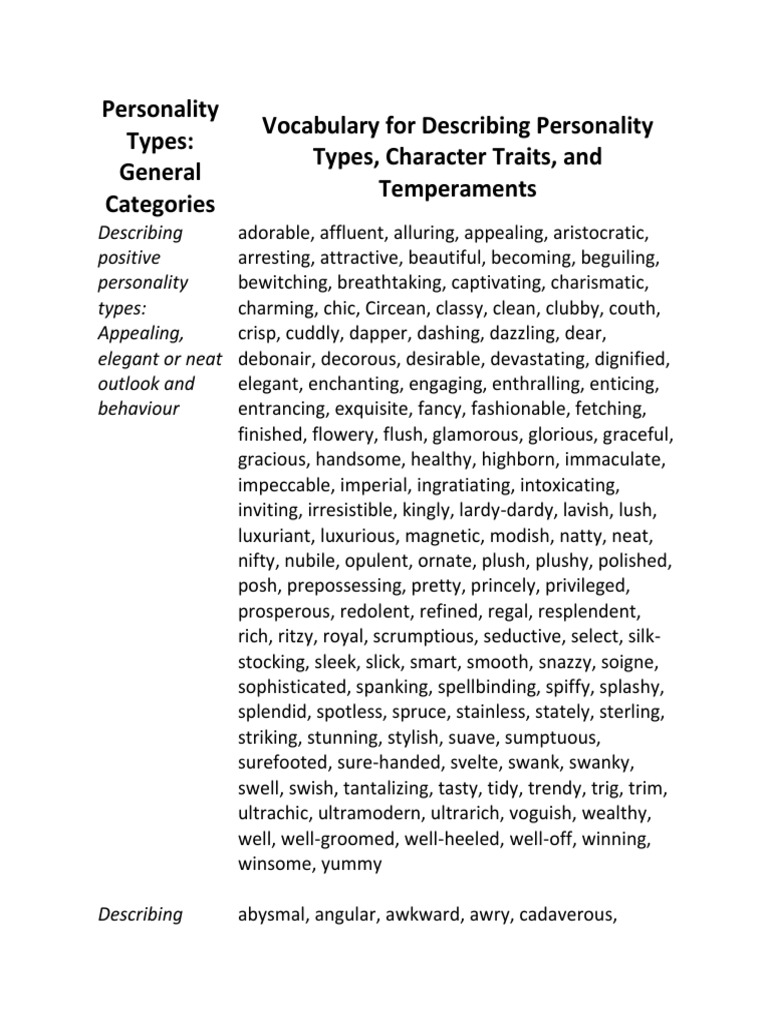 Vocab For Describing Personality Types Positive and Negative | PDF