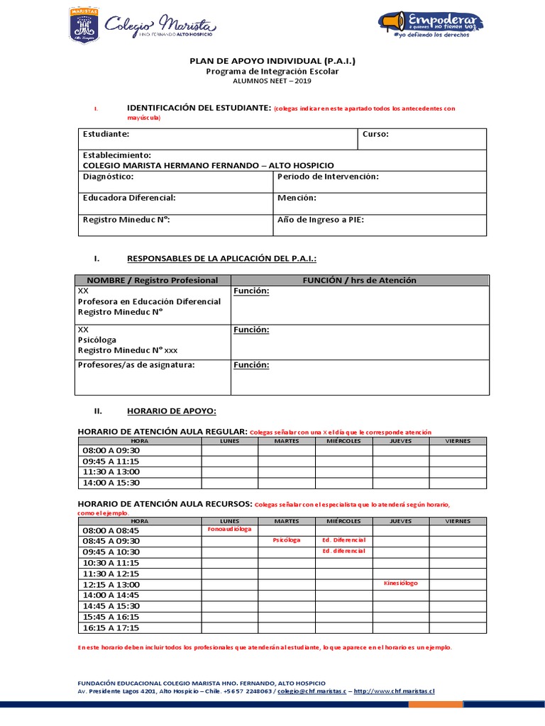 Plan de Apoyo Individual (PAI) 2019 | PDF | Salón de clases | Maestros