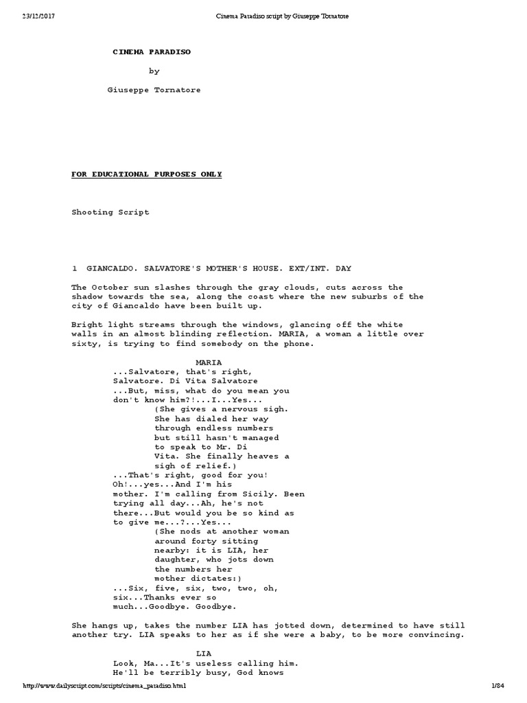 Cinema Paradiso Script by Giuseppe Tornatore | PDF | Leisure