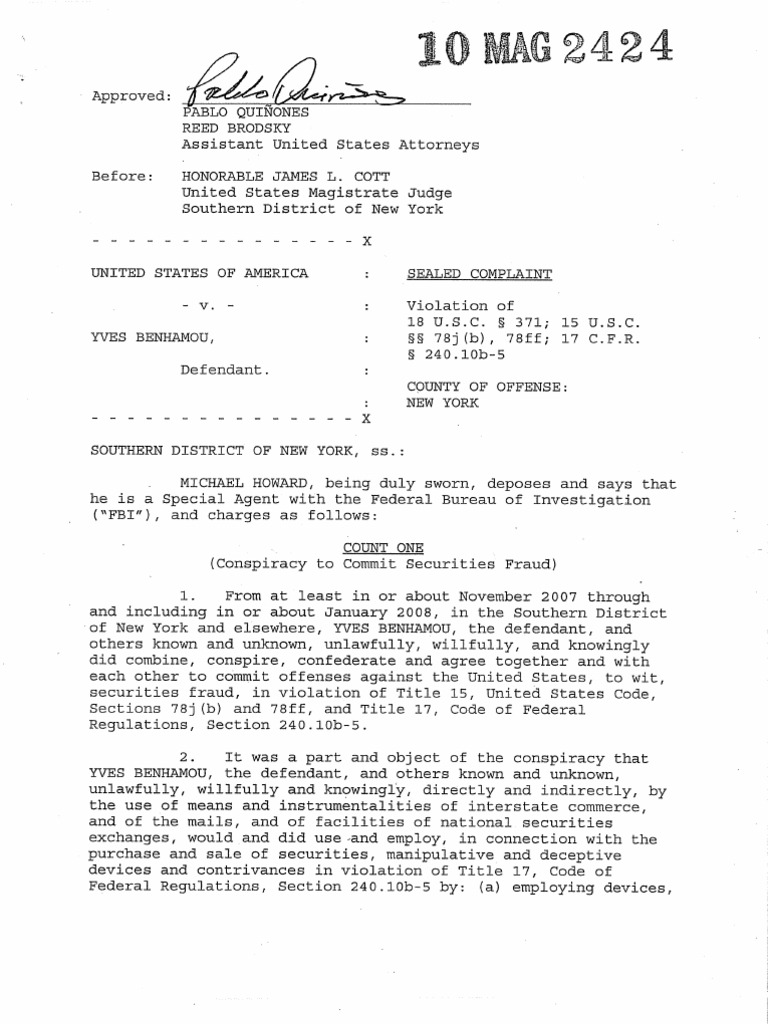Criminal Complaint Against Yves Benhamou | PDF