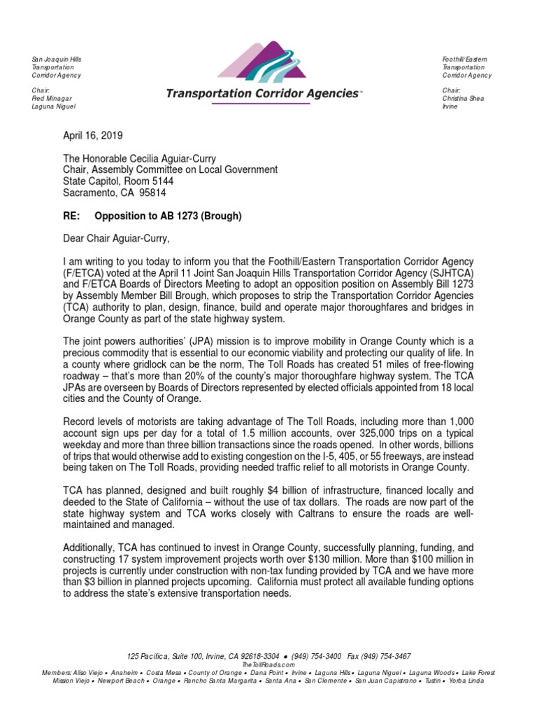 TCA Chairs, Shea and Minagar Letters To Assembly Member Chair, Cecilia ...