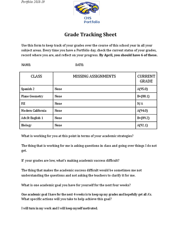Grade Tracking Sheet 3 | PDF