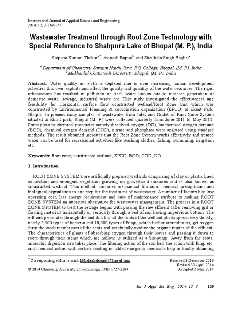 Wastewater Treatment Through Root Zone Technology With Special Reference To Shahpura Lake of ...