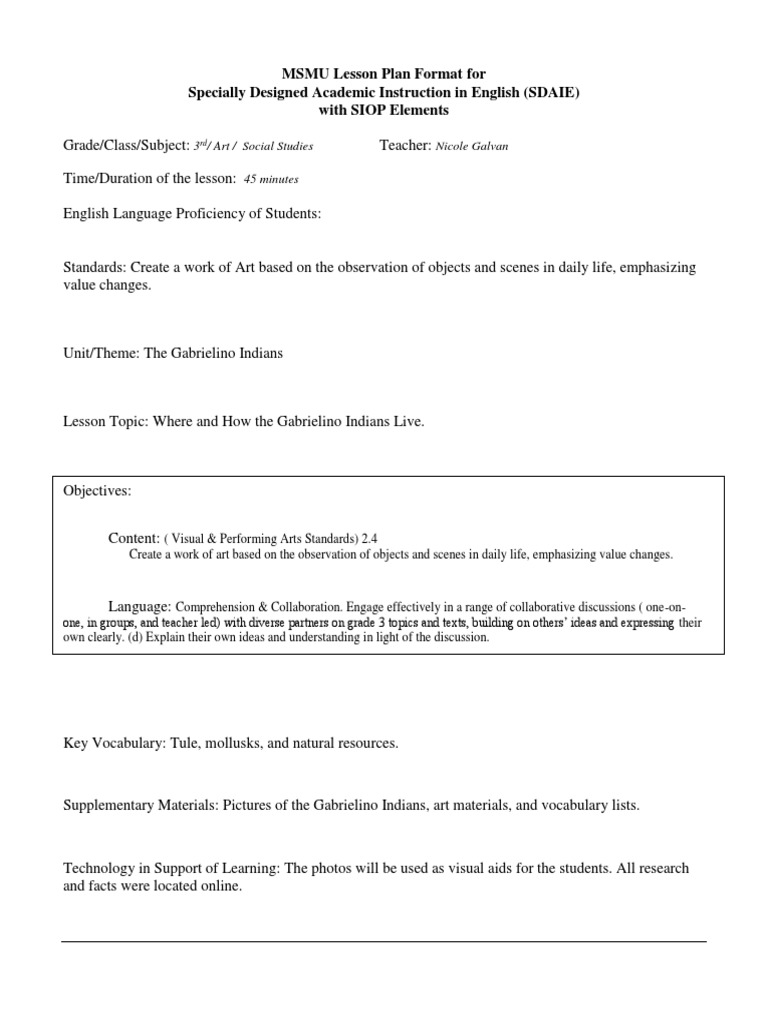 Tongva Indian Tribe Lessonplan Art | PDF | Cognition | Learning