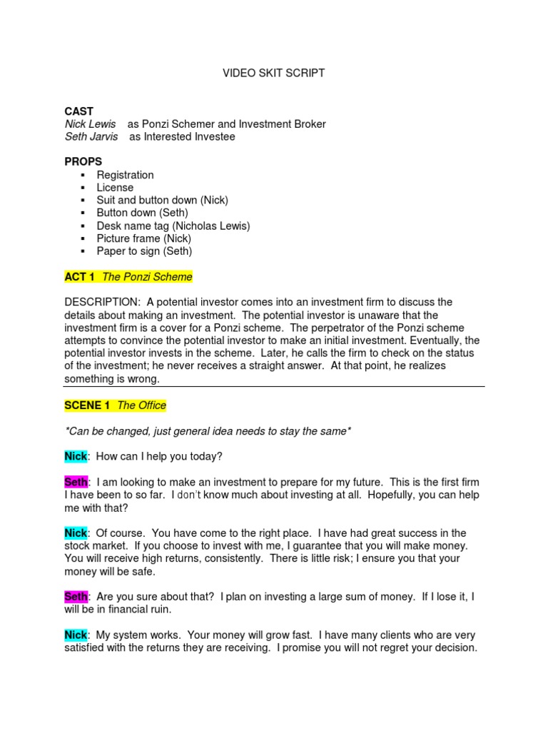 Skit Script | PDF | Ponzi Scheme | Investing