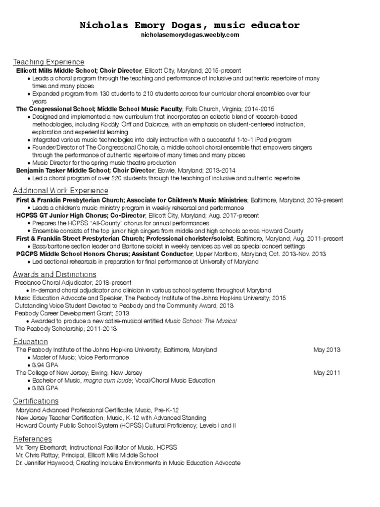 Nicholas Emory Dogas Teaching Resume Website | PDF | Choir | Performing ...