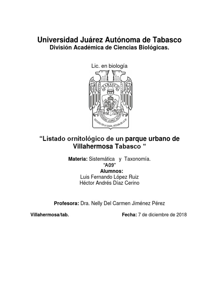 Avifauna Del Parque La Choca Tabasco | PDF | Aves | Biodiversidad