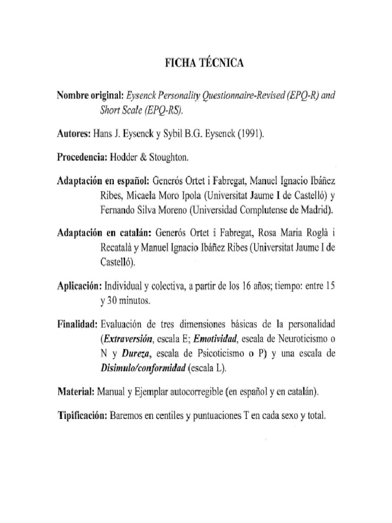 EPQ-R Ficha Técnica