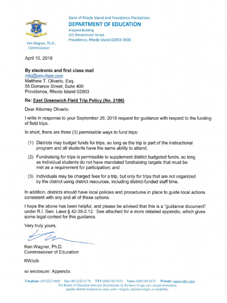 RIDE Letter East Greenwich Field Trip Policy