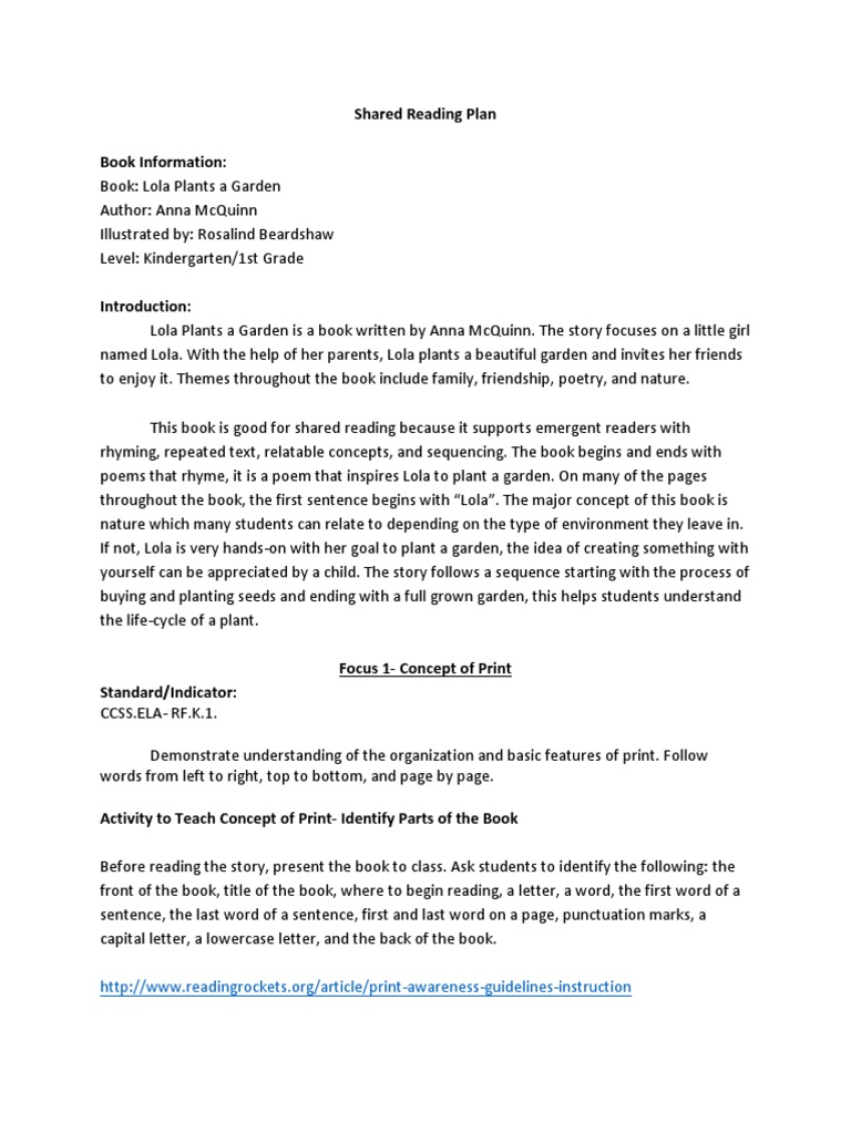 Lola Plants A Garden-Shared Reading Plan | PDF | Phonics | Syllable