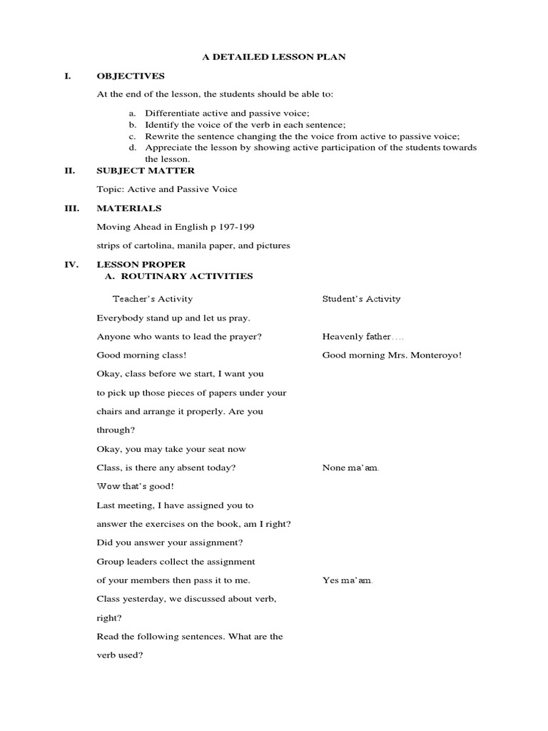 A Detailed Lesson Plan I. Objectives | PDF | Subject (Grammar) | Verb