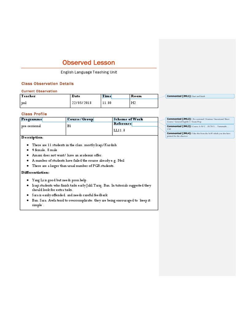 Observed Lesson: Class Observation Details | Download Free PDF ...