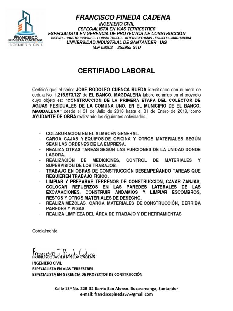 Certificado Laboral de José Rodolfo Cuenca | PDF