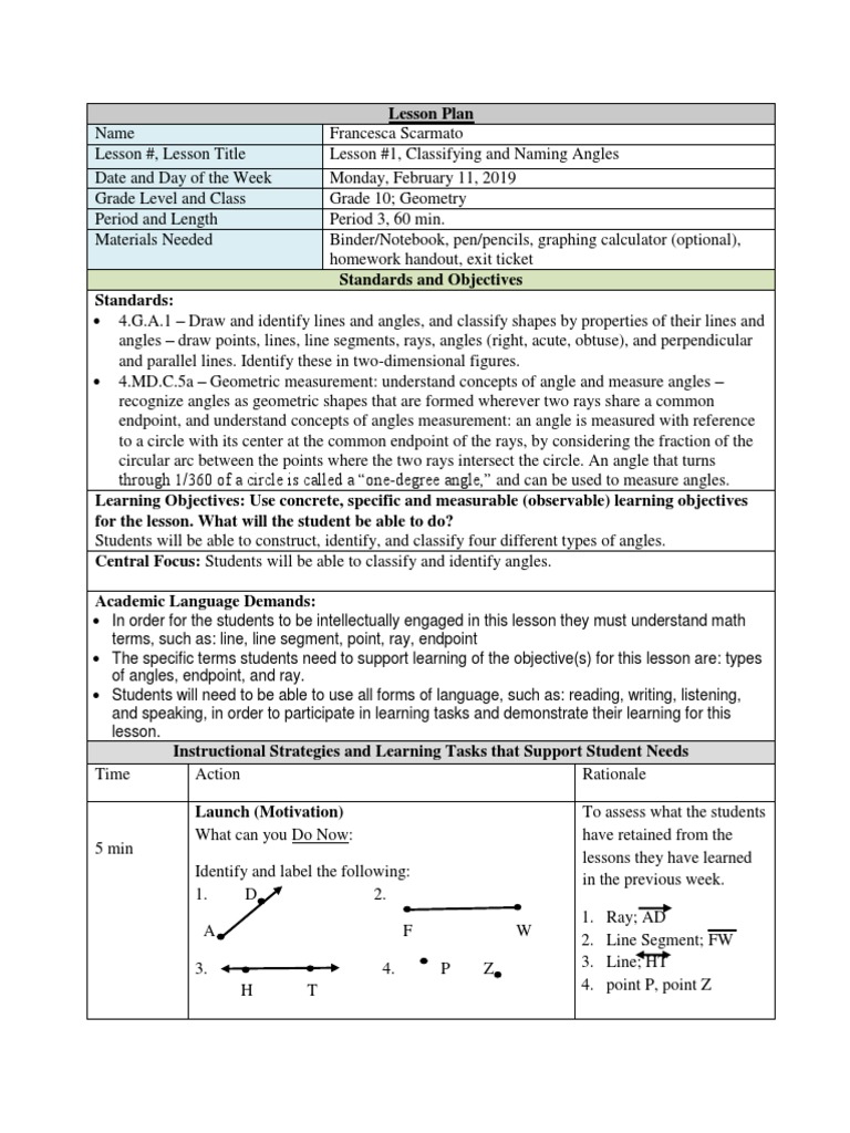 Lesson Plan 1 Name and Classify Angles | PDF | Angle | Line (Geometry)