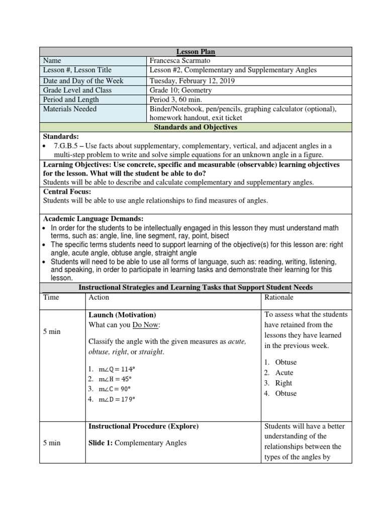 Lesson Plan 2 Complmentary and Supplementary Angles | PDF | Angle ...