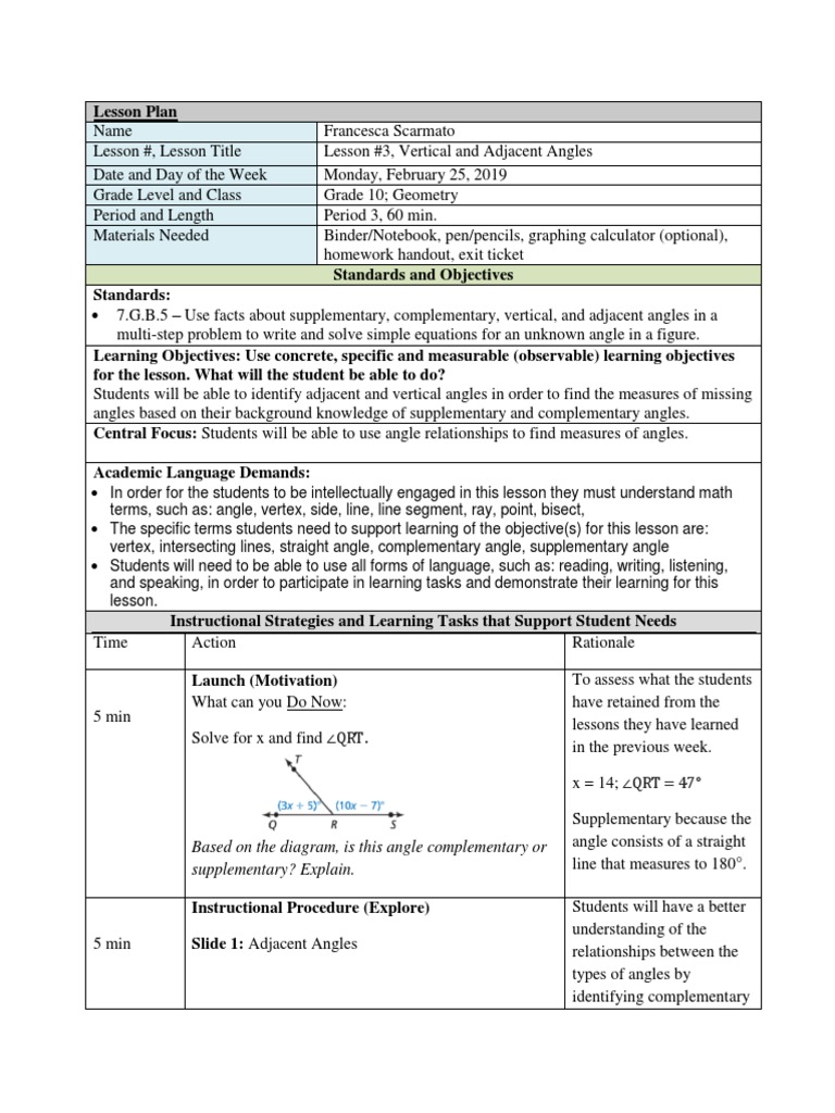 Lesson Plan 3 Vertical and Adjacent Angles | PDF | Angle | Behavior ...