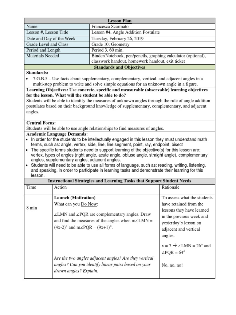 Lesson Plan 4 Angle Addition Postulate | PDF | Angle | Lesson Plan