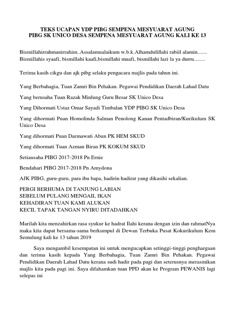 Ucapan Ydp Pibg 2019 | PDF