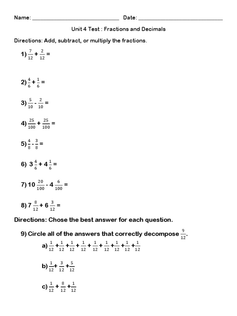 Math Unit 4 Fractions Unit Test Susan Reed | PDF | Fraction ...