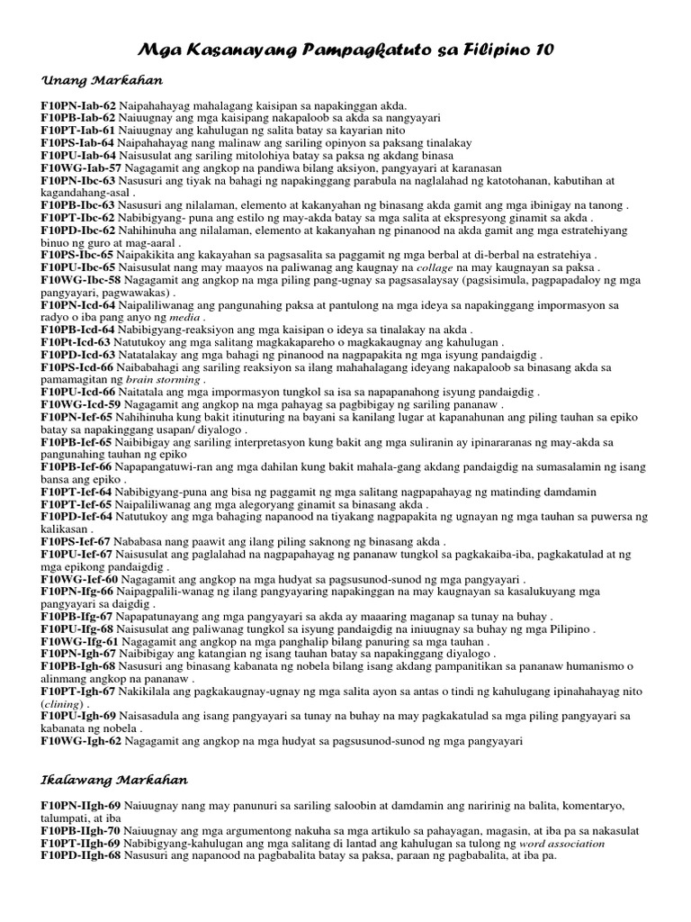 Mga Kasanayang Pampagkatuto Sa Filipino 10 | PDF