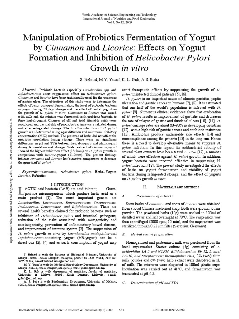 Manipulation of Probiotics Fermentation of Yogurt by Cinnamon and ...