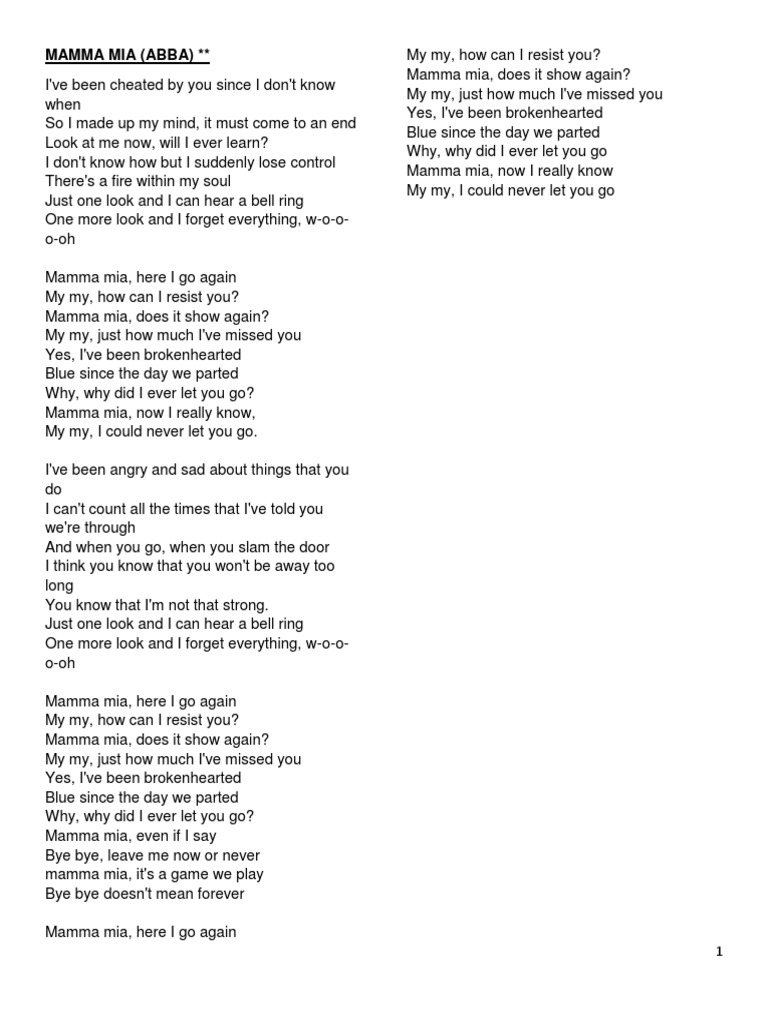 Mamma Mia Lyrics | PDF | Love | Leisure