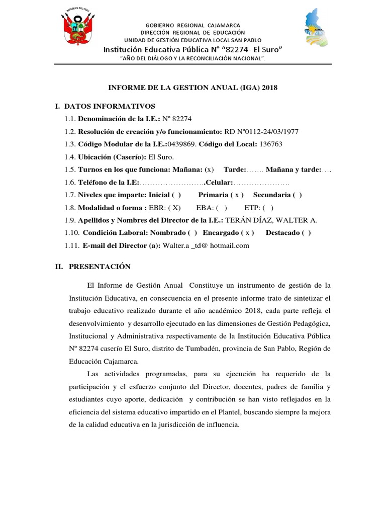 Institución Educativa Pública #"82274-El Suro": Informe de La Gestion Anual (Iga) 2018 I. Datos ...