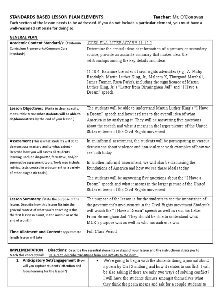Civil Rights I Have A Dream Lesson Plan | PDF | Martin Luther King Jr ...