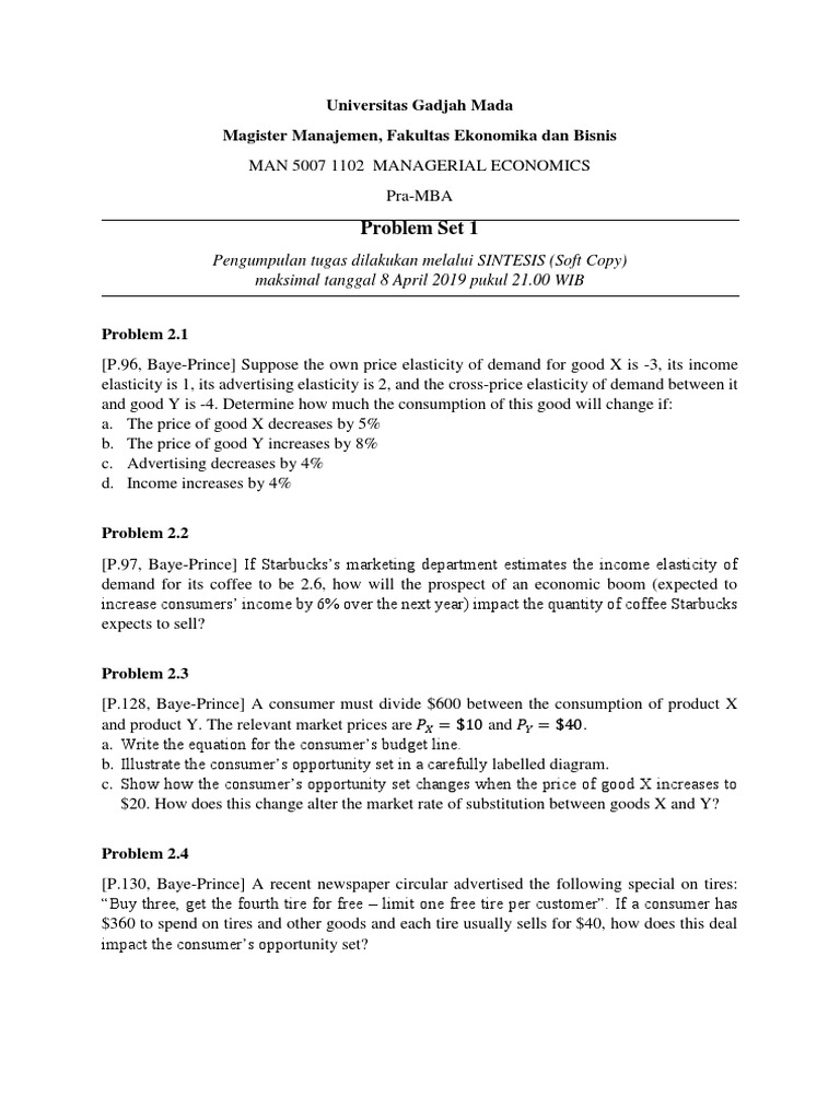 Managerial Economics Problem Set 1: Quantitative Demand Analysis ...