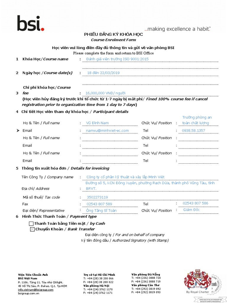 Registration Form - BSI Vietnam | PDF