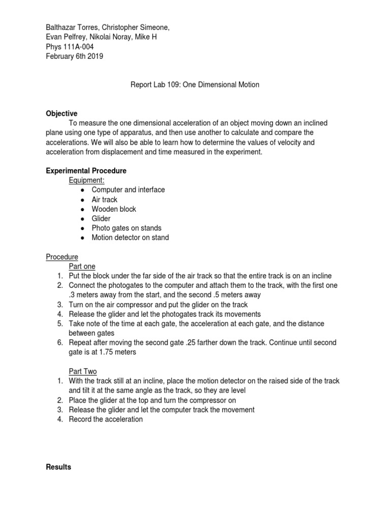 Report Lab 109: One Dimensional Motion | PDF | Acceleration | Velocity
