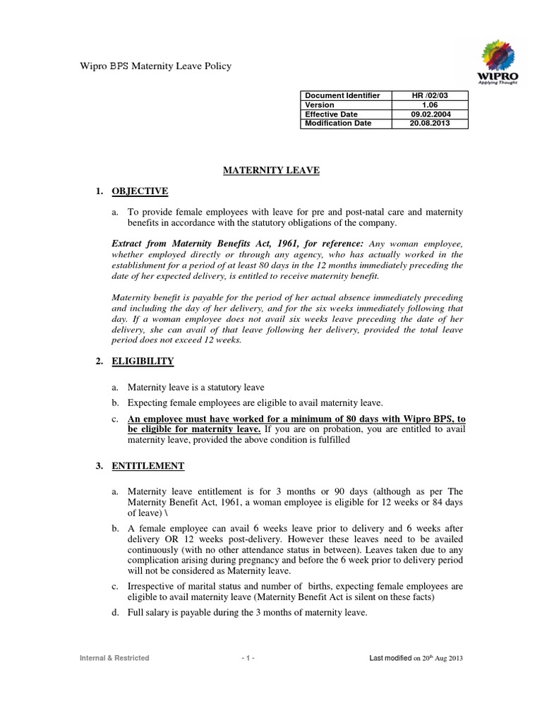Wipro BPS Maternity Leave Policy Overview | PDF | Parental Leave ...