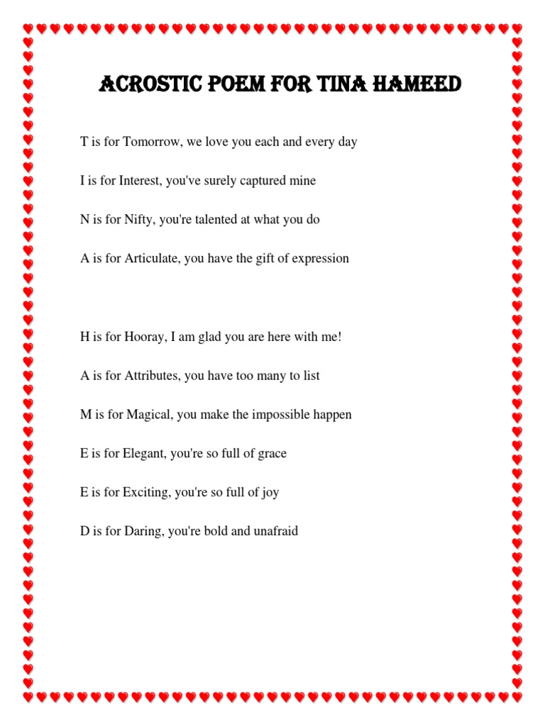 Acrostic Poem For Tina Hameed | PDF | Feeling | Verb