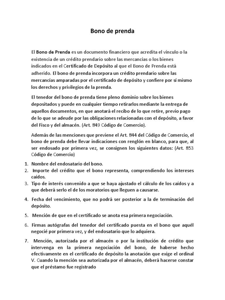 Características Del Bono De Prenda Pdf Pagos Dinero