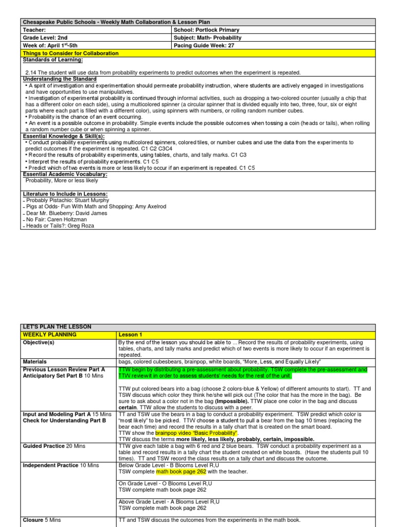 Ued 495-496 Spivey Stacy Probability Lesson Plans For Reference | PDF ...
