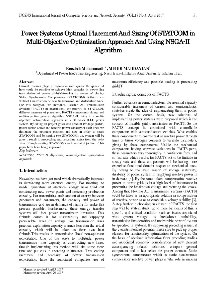 Power Systems Optimal Placement and Sizing of STATCOM in Multi-Objective Optimization Approach ...